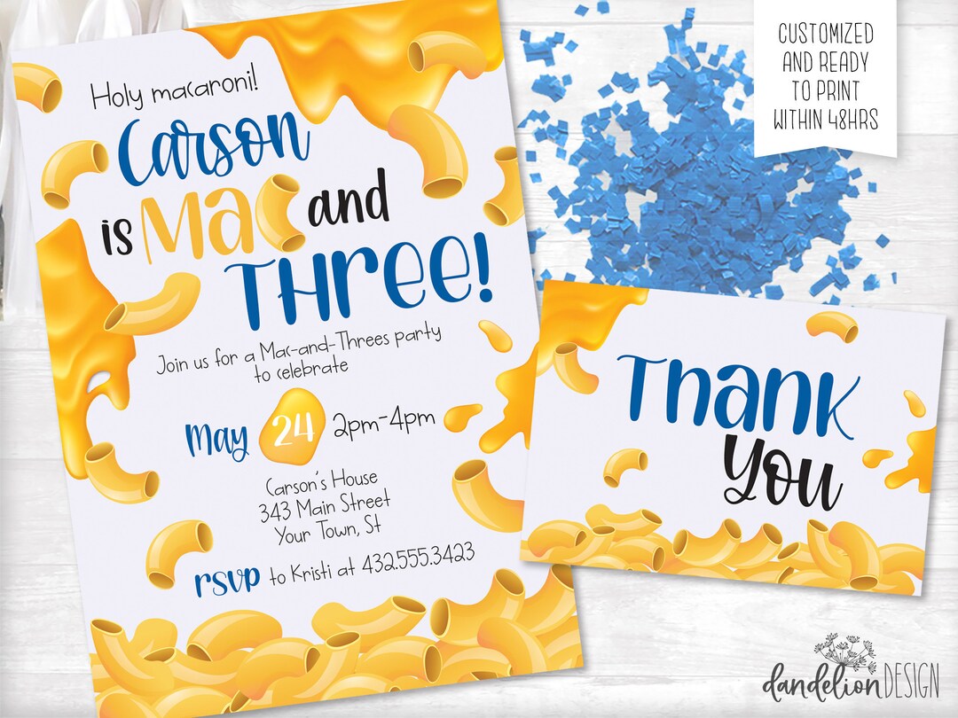 Mac-n-three Mac-n-cheese Third Birthday Invitation Plus Thank You Card ...
