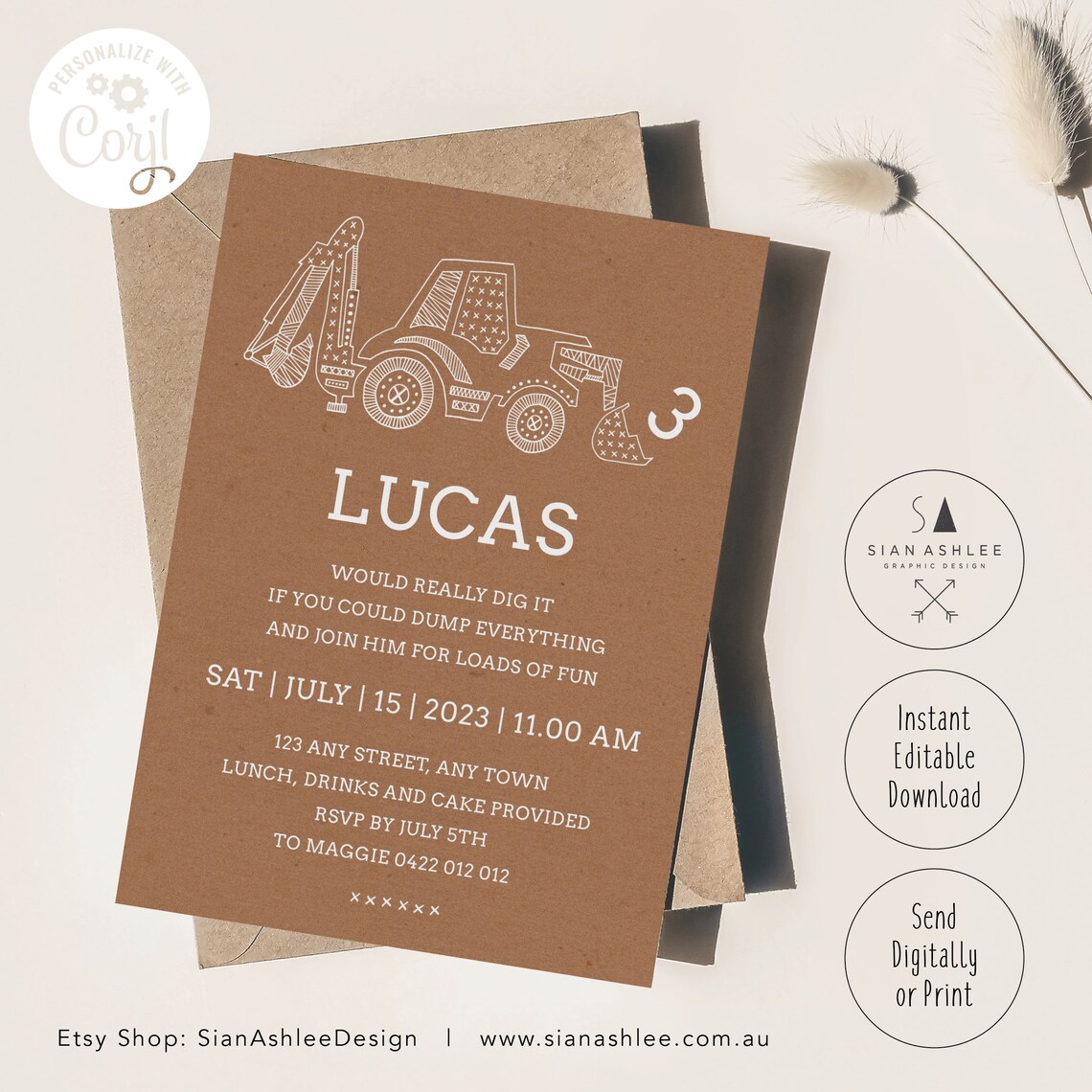 3rd Birthday or Any Age Digger Invitation, Corjl, Hand Drawn, Loader ...