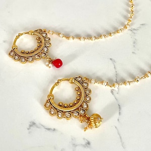 Indian Nose Ring - Gold Nath With Chain - Pearl Polki Nath, Indian ...