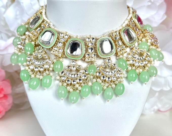 Sage Green Indian Jewelry, Antique Gold Necklace and Earrings | Punjabi ...