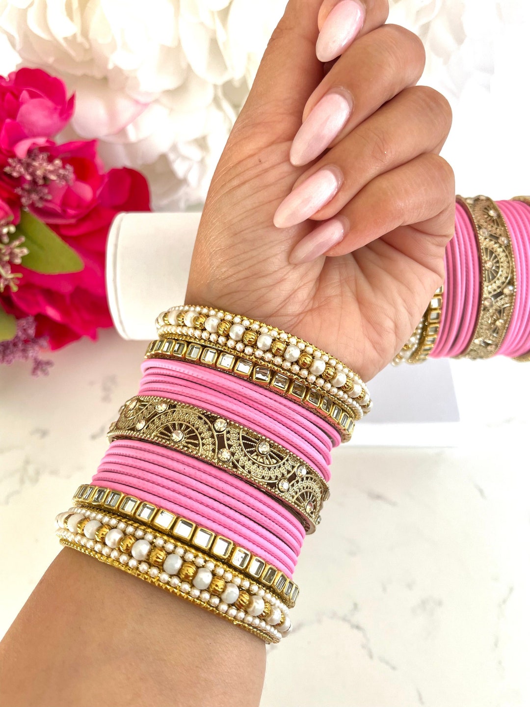 Bright Pink Indian Bangle Set | Indian Bangles, Indian Jewelry, Punjabi ...
