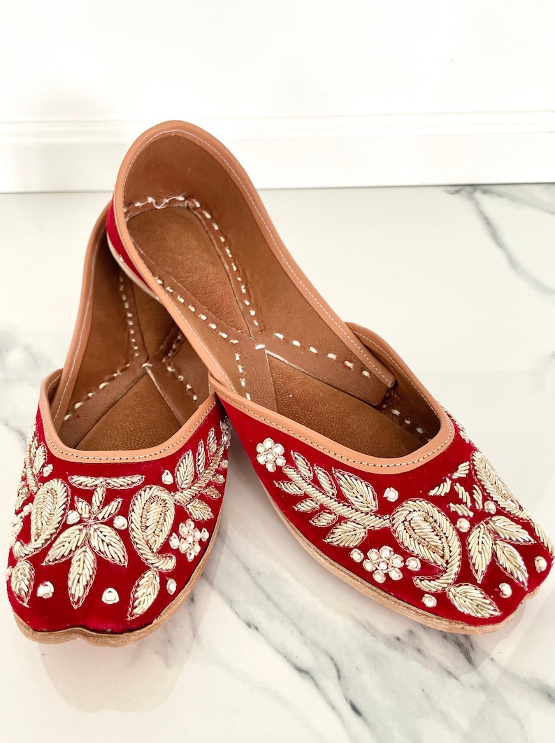 Red Punjabi Jutti With Gold Embroidery and Pearl Accents on Velvet ...