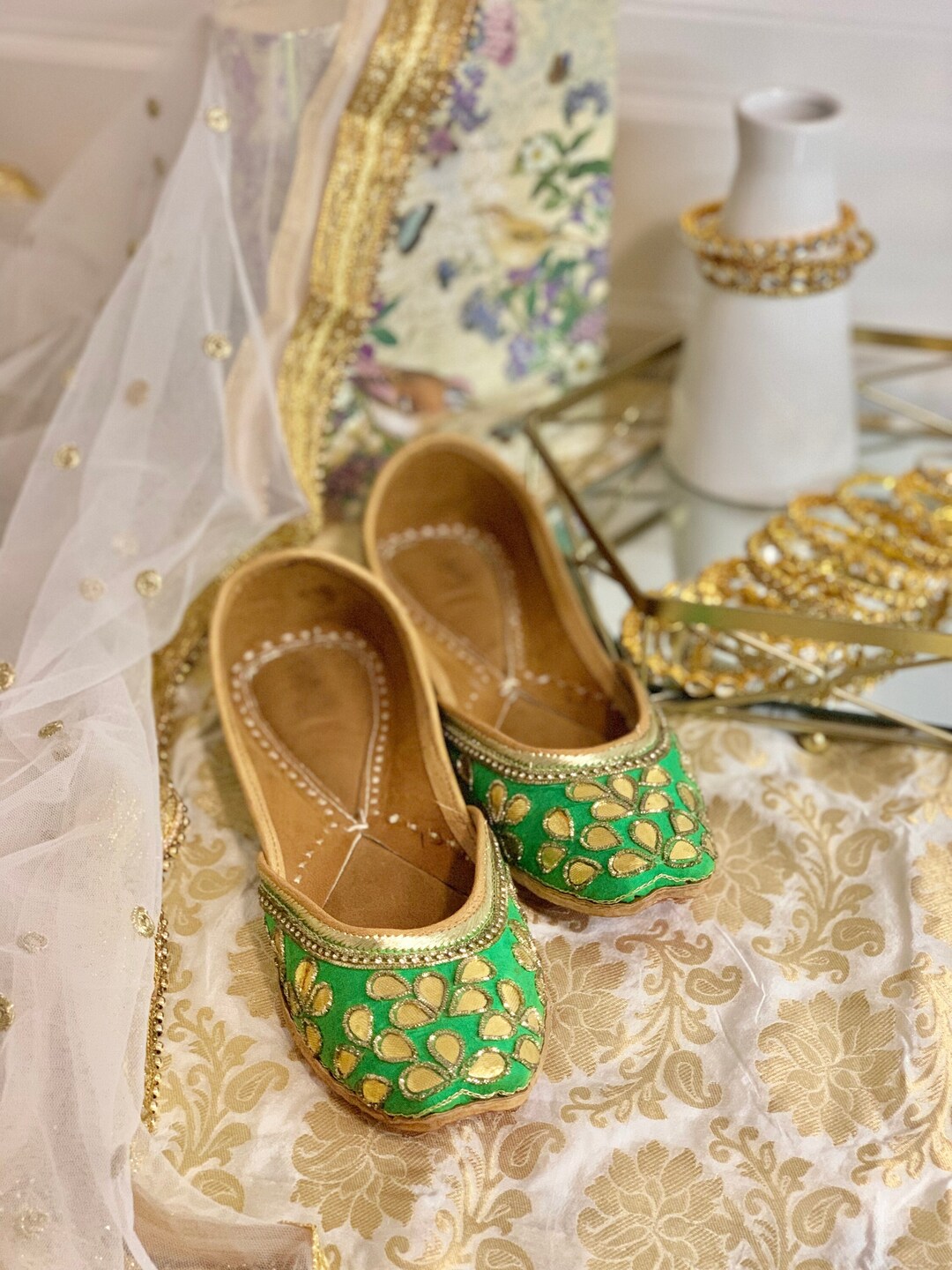 Gold Gotapatti Green Punjabi Jutti: Traditional Indian Shoes - Etsy