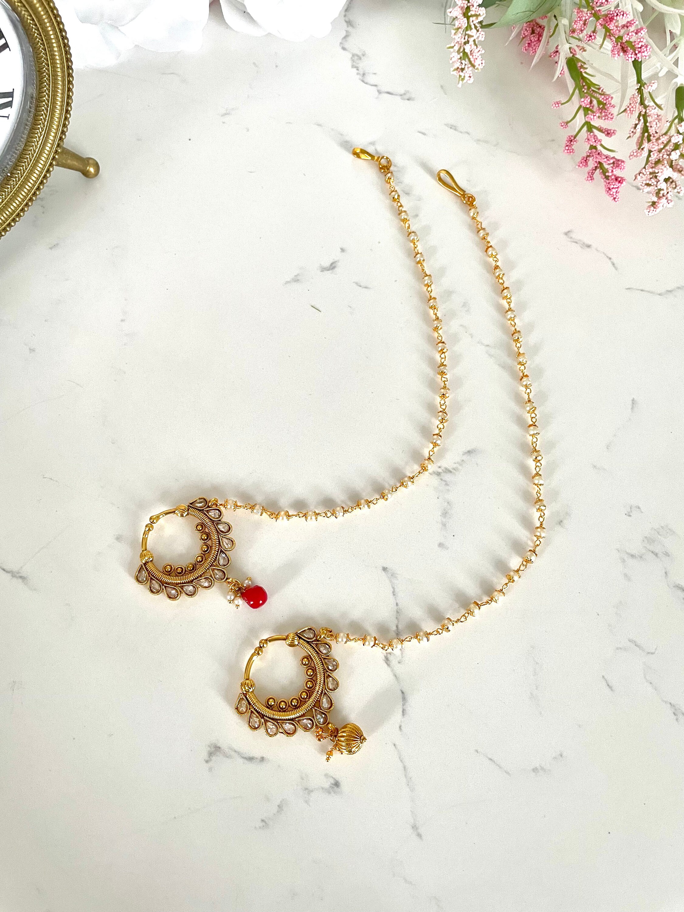 Indian Nose Ring - Gold Nath With Chain - Pearl Polki Nath, Indian ...