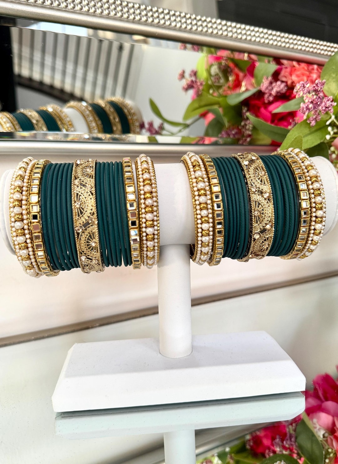 Forest Green and Gold Bangle Set | Green Gold Bangles | Indian Jewelry ...