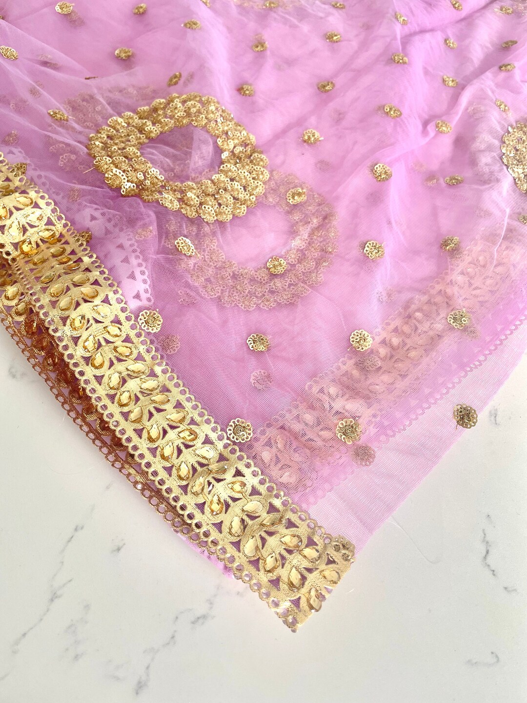 Purple Pink Net Dupatta: Gold Stone Border, Indian Bridal Veil - Etsy