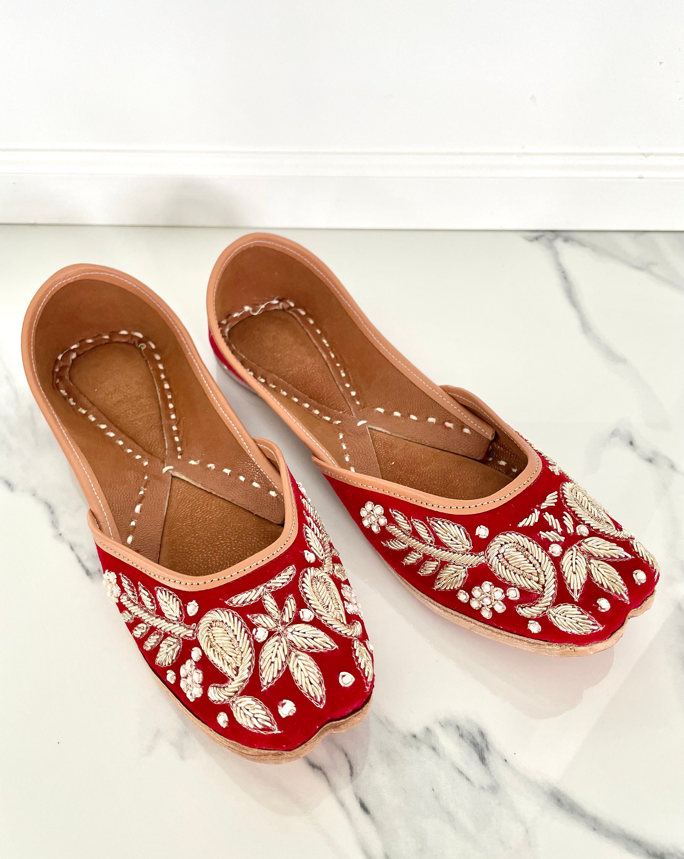 Red Punjabi Jutti With Gold Embroidery and Pearl Accents on Velvet ...