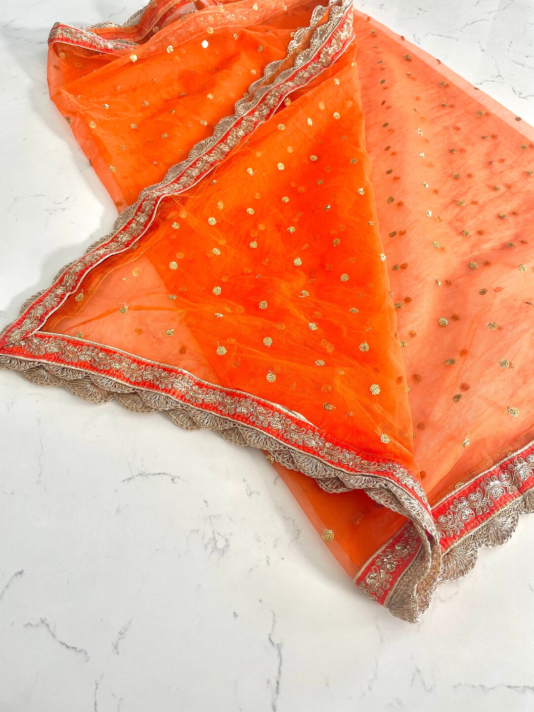 Vibrant Orange Net Dupatta With Sequin Design and Gold Pakhi Border ...