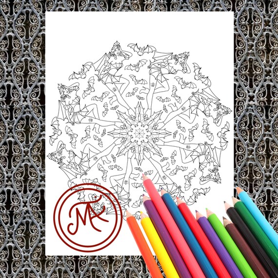 Batty Pinup Girl Mandala Coloring Sheet instant Digital | Etsy