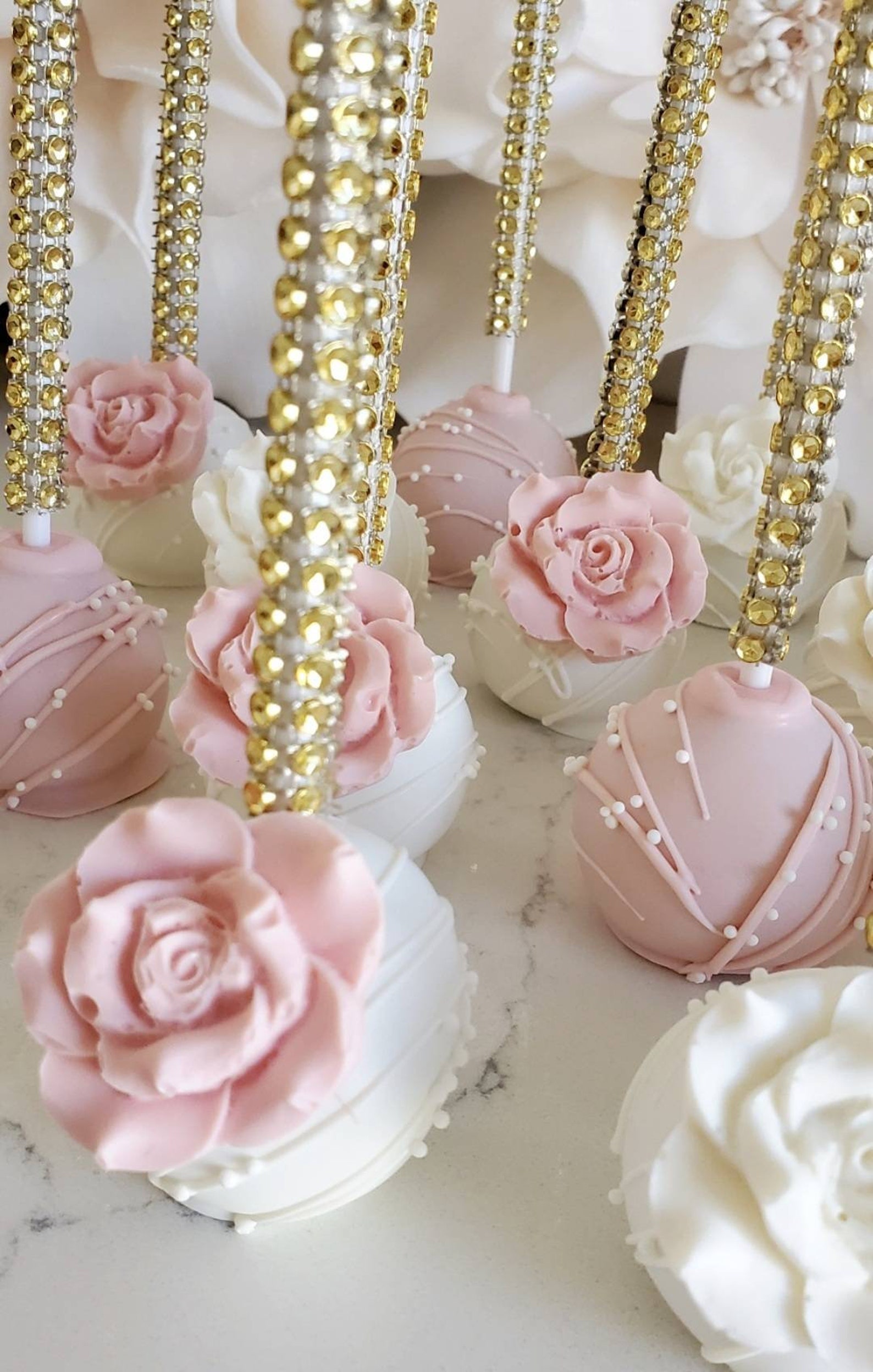 Pink White Flower Cake Pops Wedding Baby Shower Bling Stick (please ...