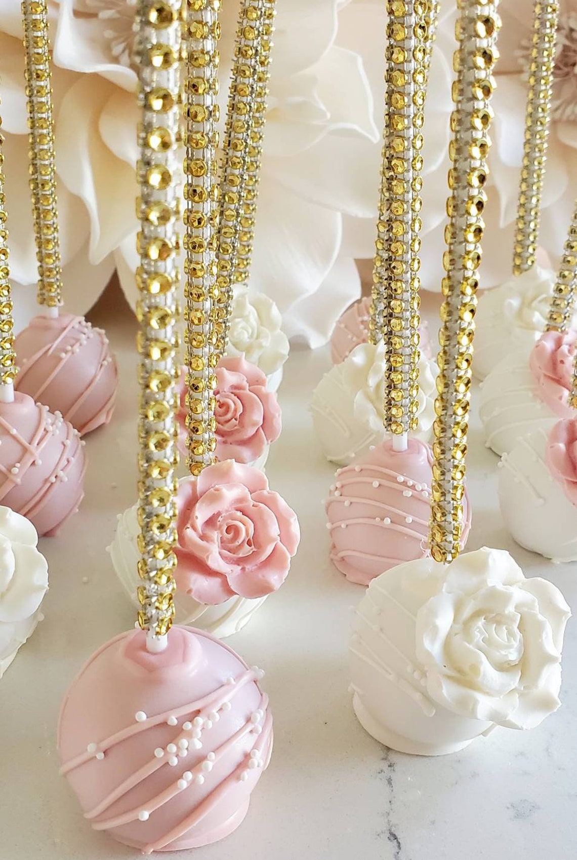 Pink White Flower Cake Pops Wedding Baby Shower Bling Stick (please ...