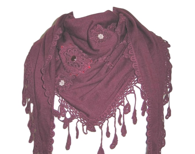 Large Triangle Scarf Cape Wrap With Diamante, Pearl Beading and Tassel ...