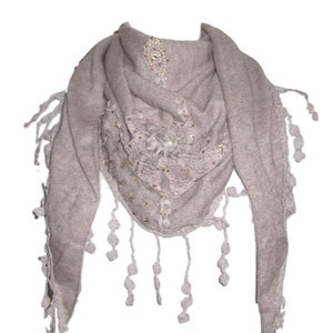 Wool Blend Triangle Scarf With Diamantes Pearl Flowers and - Etsy