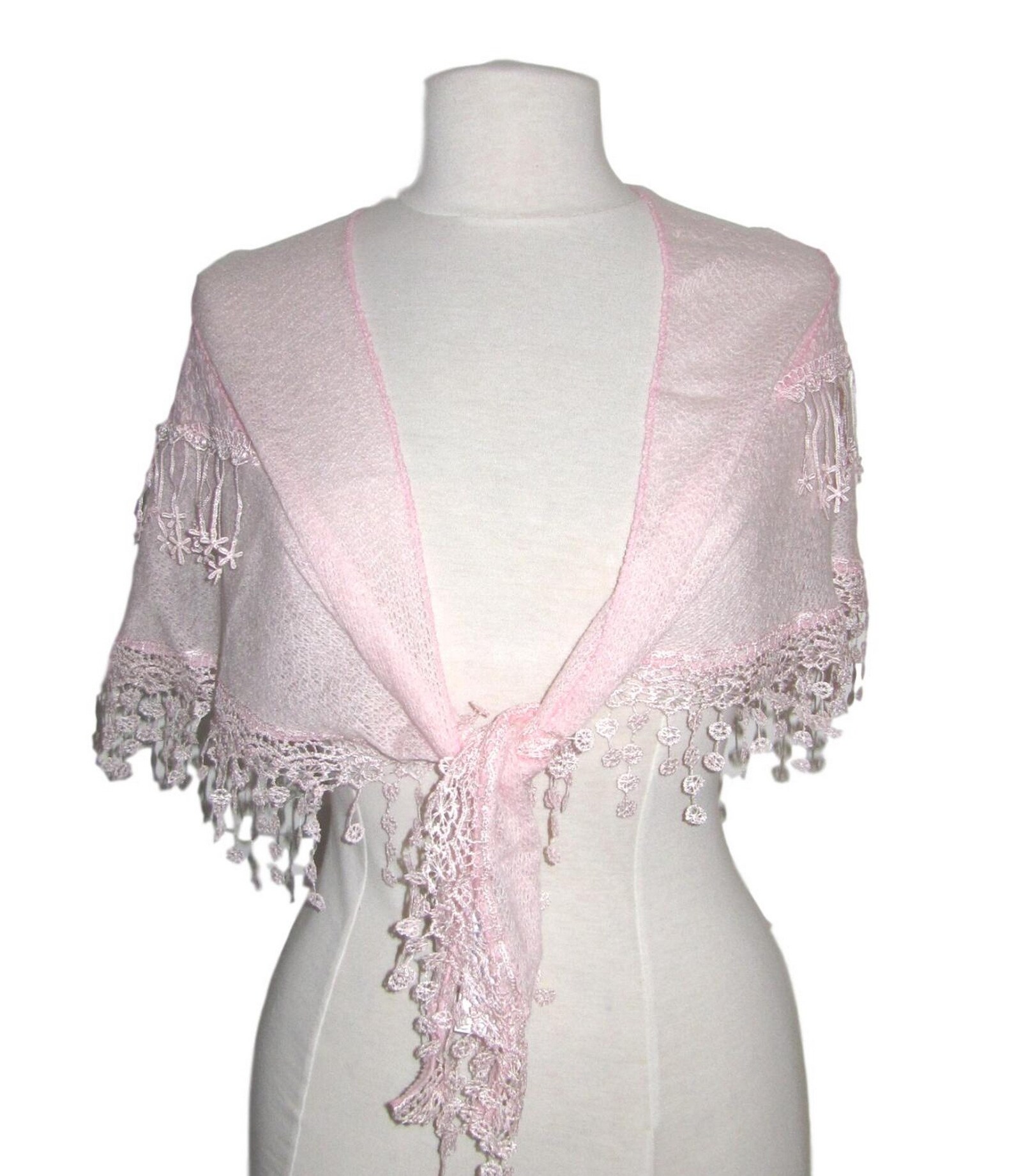 Triangle Knitted Scarf With Lace Panel, Tassels and Small Flower ...