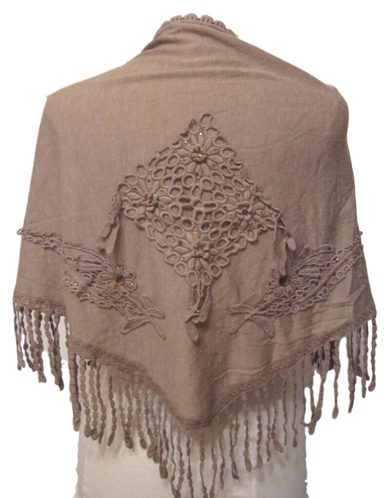 Large Triangle Scarf Cape, Applique, Diamante & Fringe Tassels Mocha ...