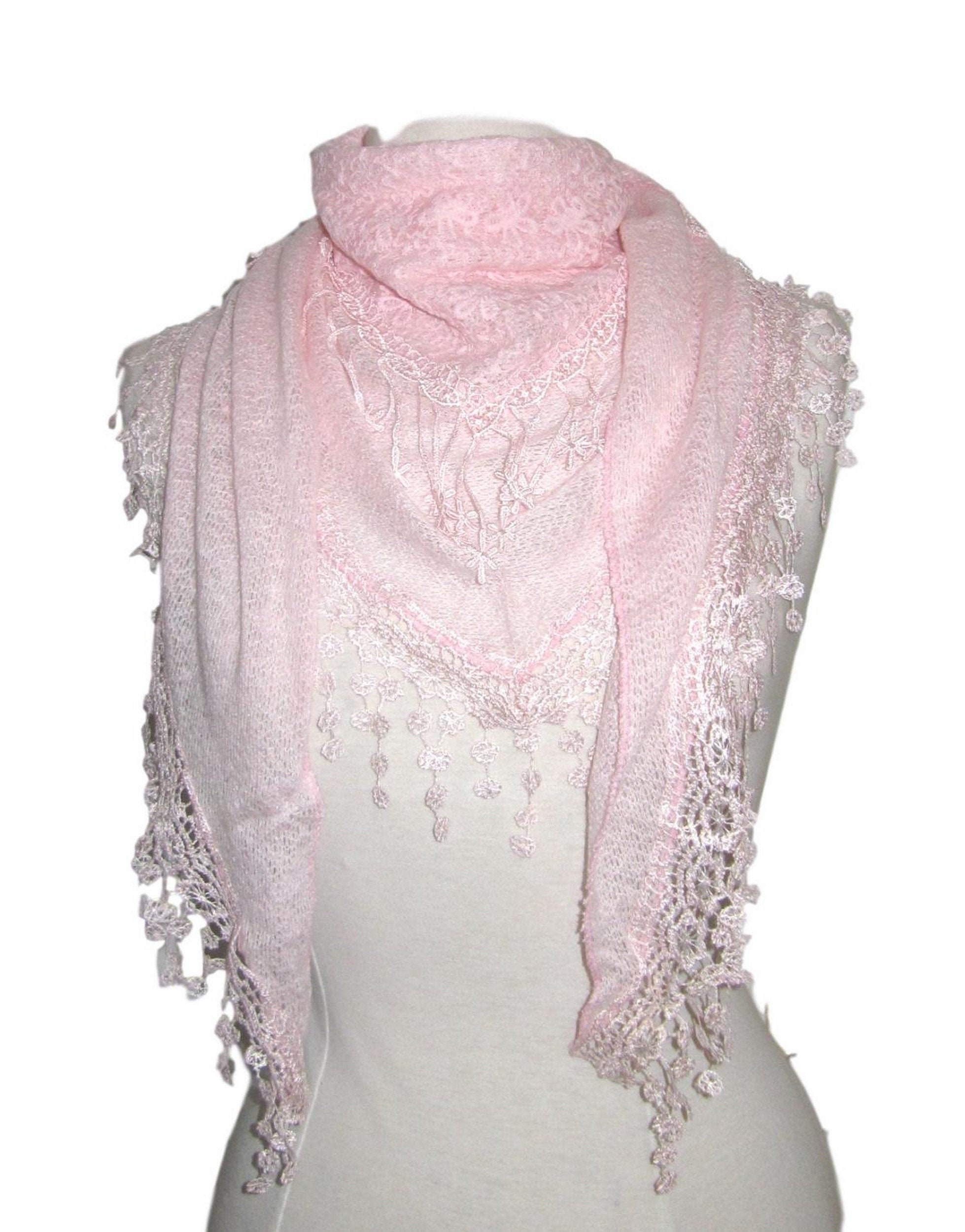 Triangle Knitted Scarf With Lace Panel Tassels and Small - Etsy