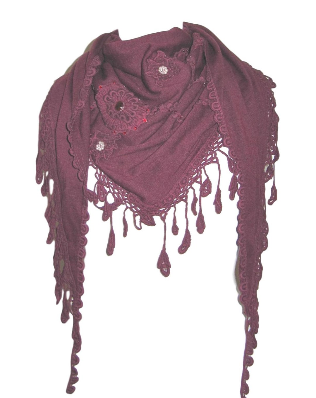 Large Triangle Scarf Cape Wrap With Diamante, Pearl Beading and Tassel ...