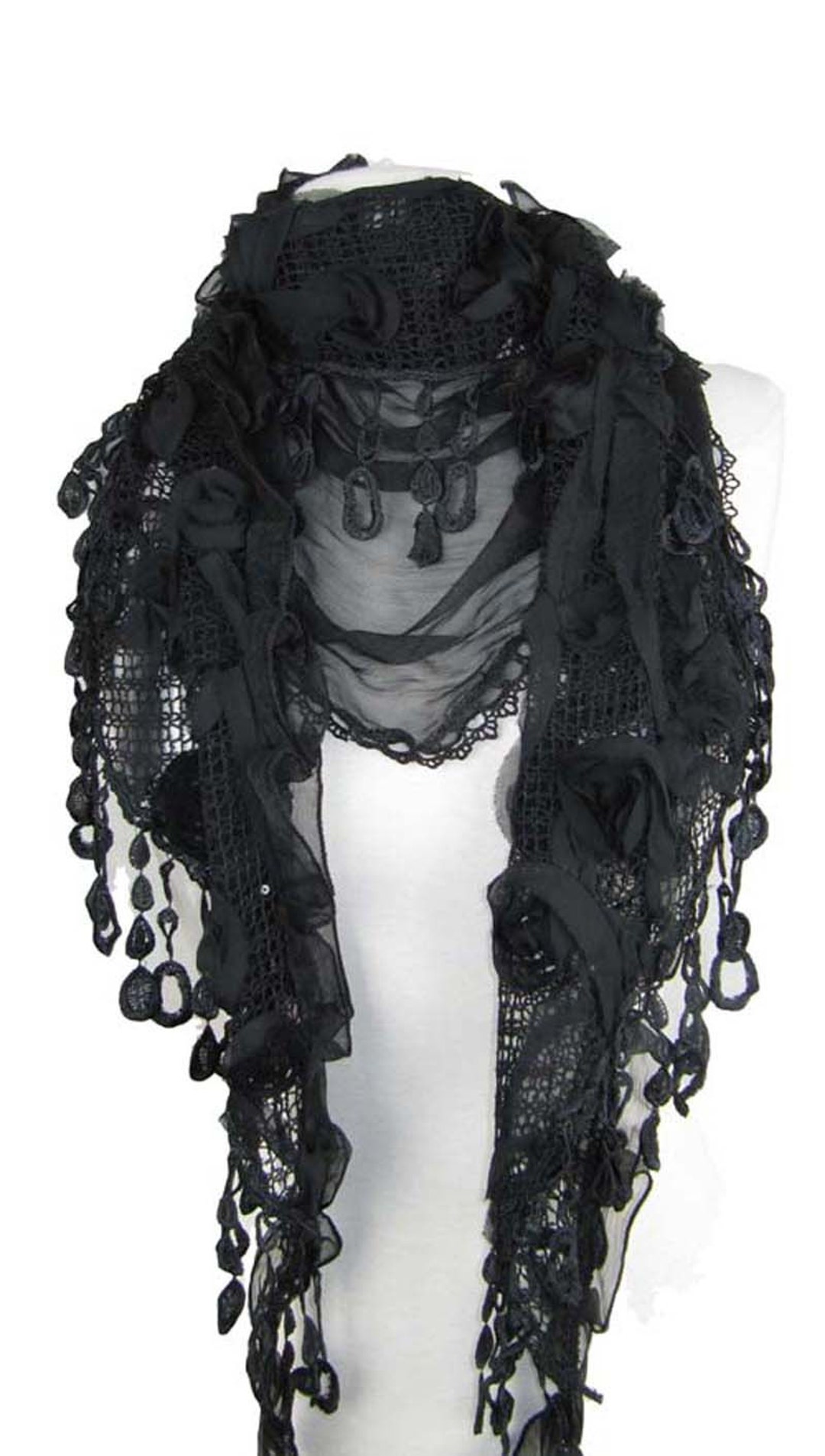 Stunning Black Triangle Scarf Shawl Wrap Silk Blend, Vintage Lace ...