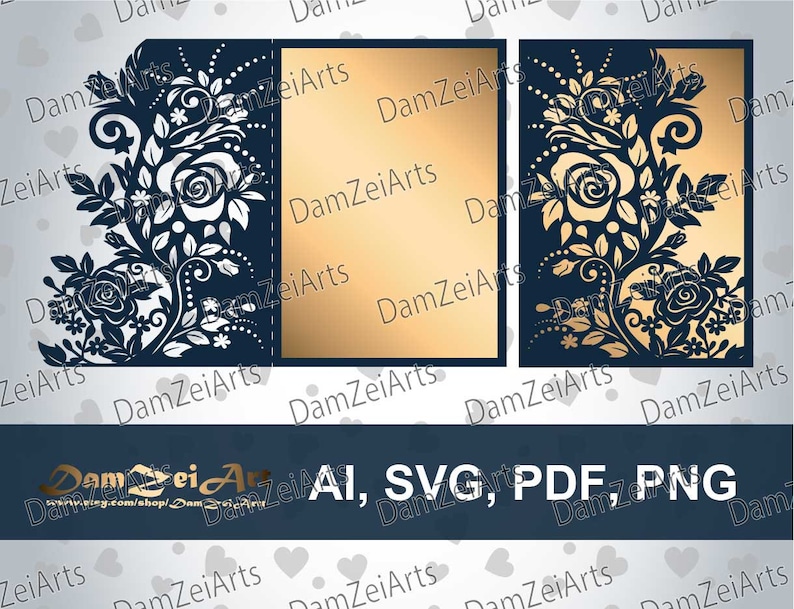 Set Tri Fold pocket envelope template 5x7 Roses Wedding | Etsy