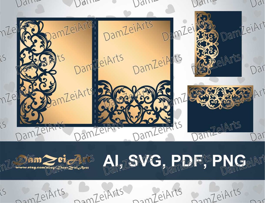 Tri Fold Pocket Envelope Template 5x7'' Wedding Card Laser Cut Template ...