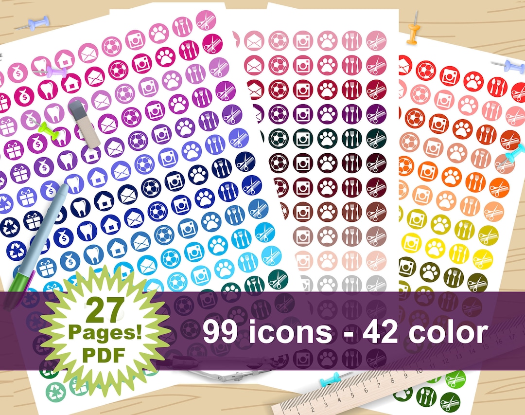 Planner Sticers 99 Icons, 42 Color, 27 Page Mini Icon Stickers ...