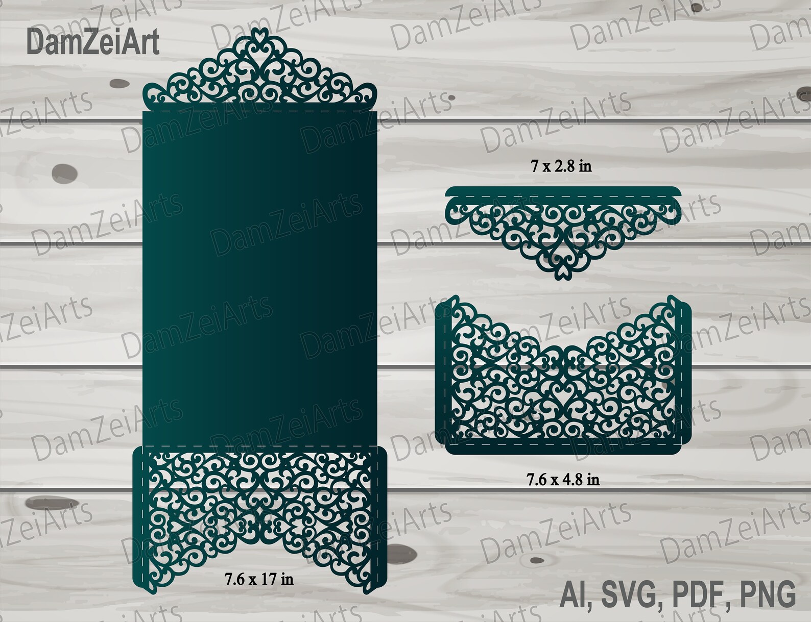 Tri Fold Pocket Envelope Ornamental Template 5x7 Wedding Card Laser Cut ...