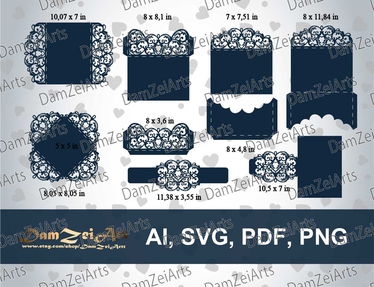 Set Tri Fold pocket envelope template 5x7'' Wedding | Etsy