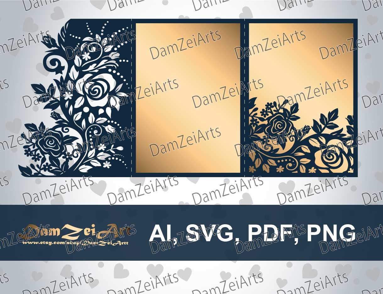 Set Tri Fold Pocket Envelope Template 5x7 Roses Wedding Invitation Card ...
