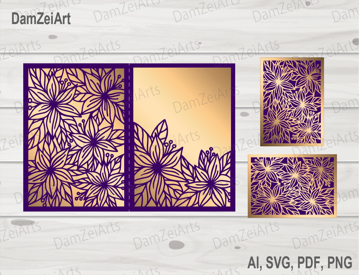 Tri Fold Pocket Envelope Template 5x7 Flower Wedding Invitation Card ...