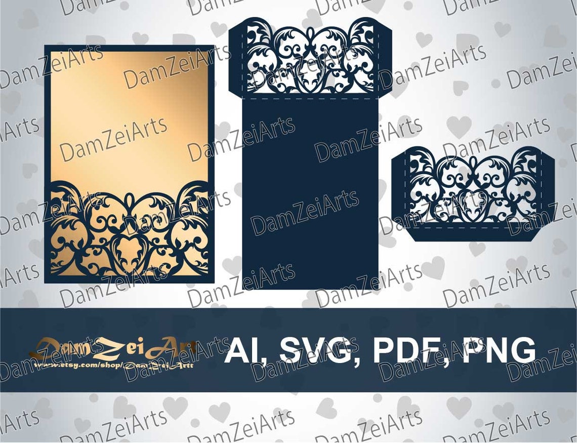 Tri Fold Pocket Envelope Template 5x7'' Wedding Card Laser Cut Template ...