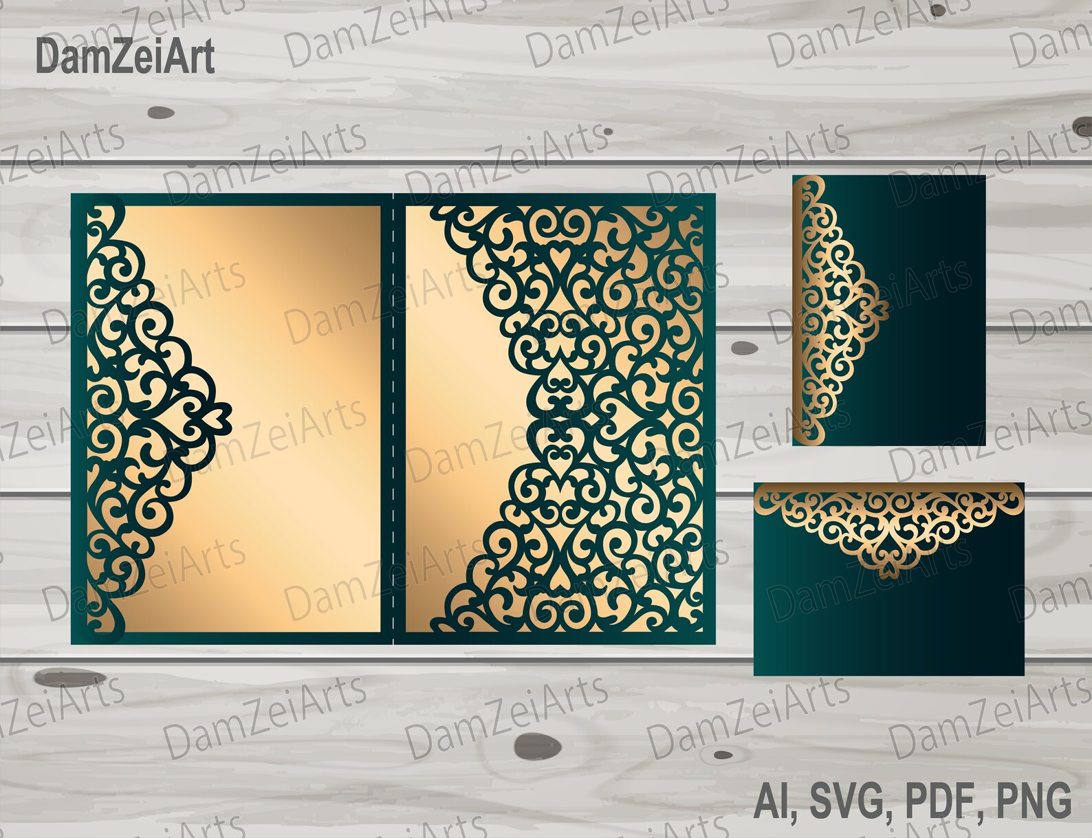 Tri Fold Pocket Envelope Ornamental Template 5x7 Wedding Card - Etsy