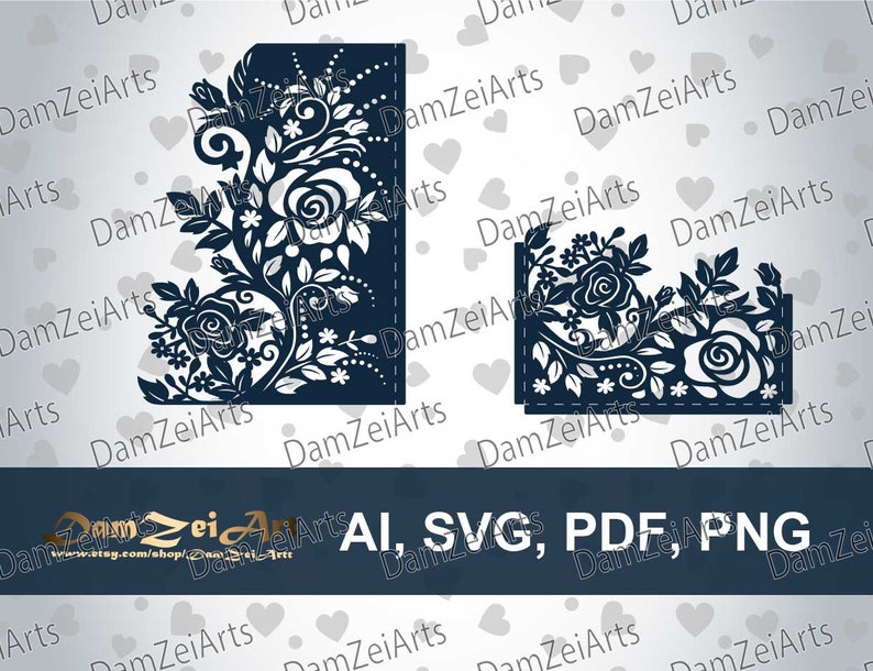 Set Tri Fold pocket envelope template 5x7 Roses Wedding | Etsy