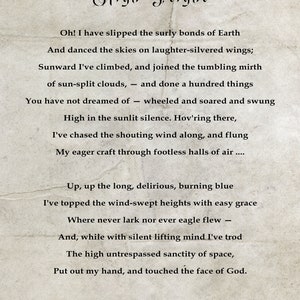 High Flight Poem, Aviation Sonnet Print, Wall Art, John G. Magee Jr ...