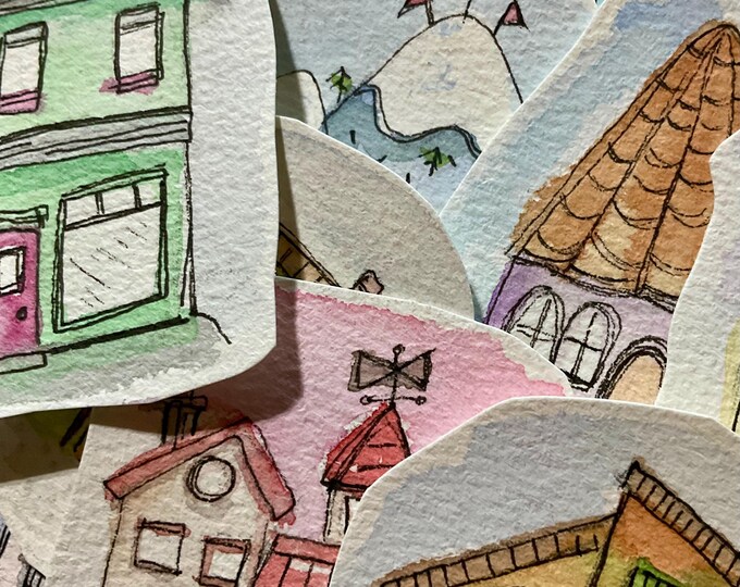 Original Watercolor Houses Ephemera, Handpainted Houses Buildings Set ...