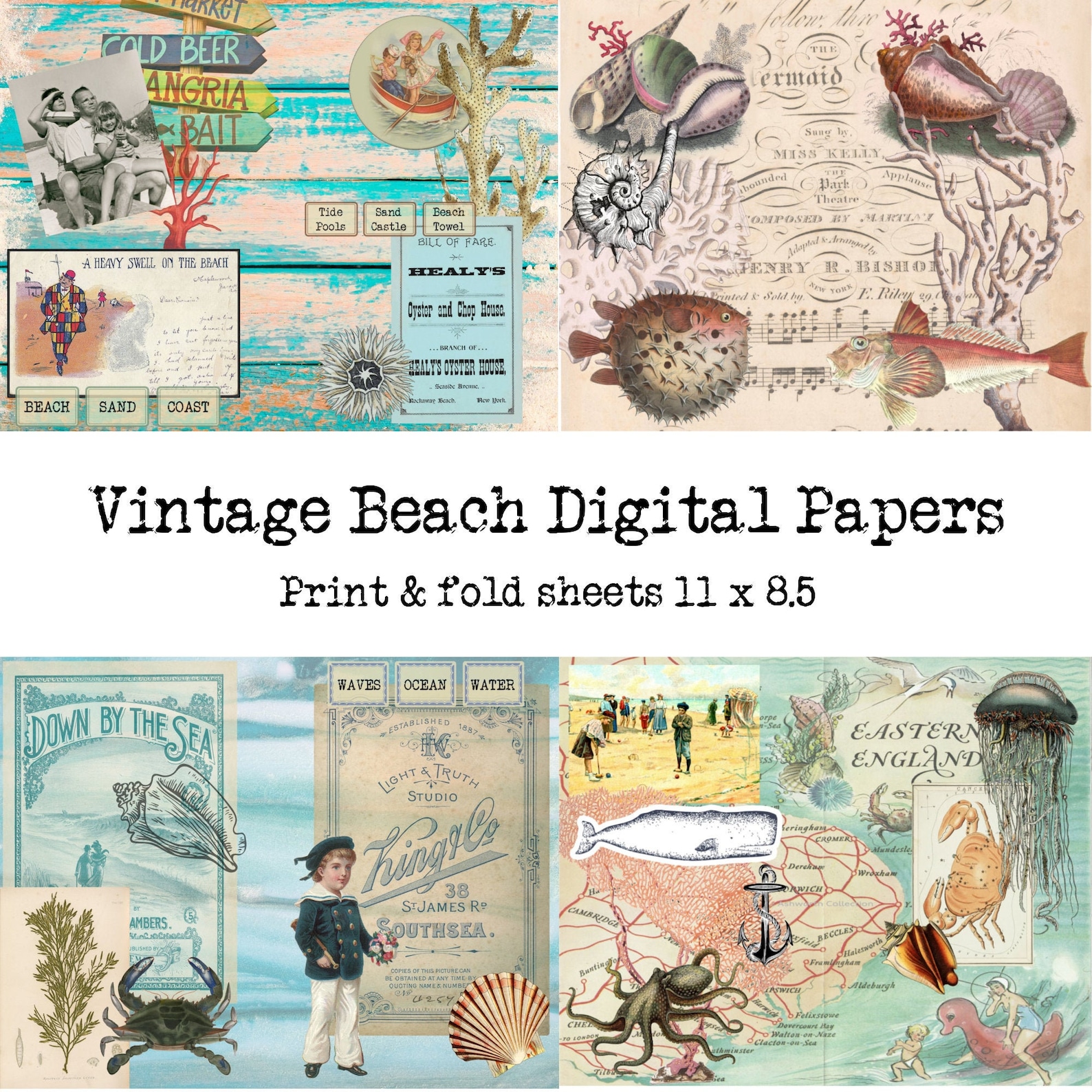 Vintage Beach Sea Shore Digital Paper for Junk Journals Print - Etsy