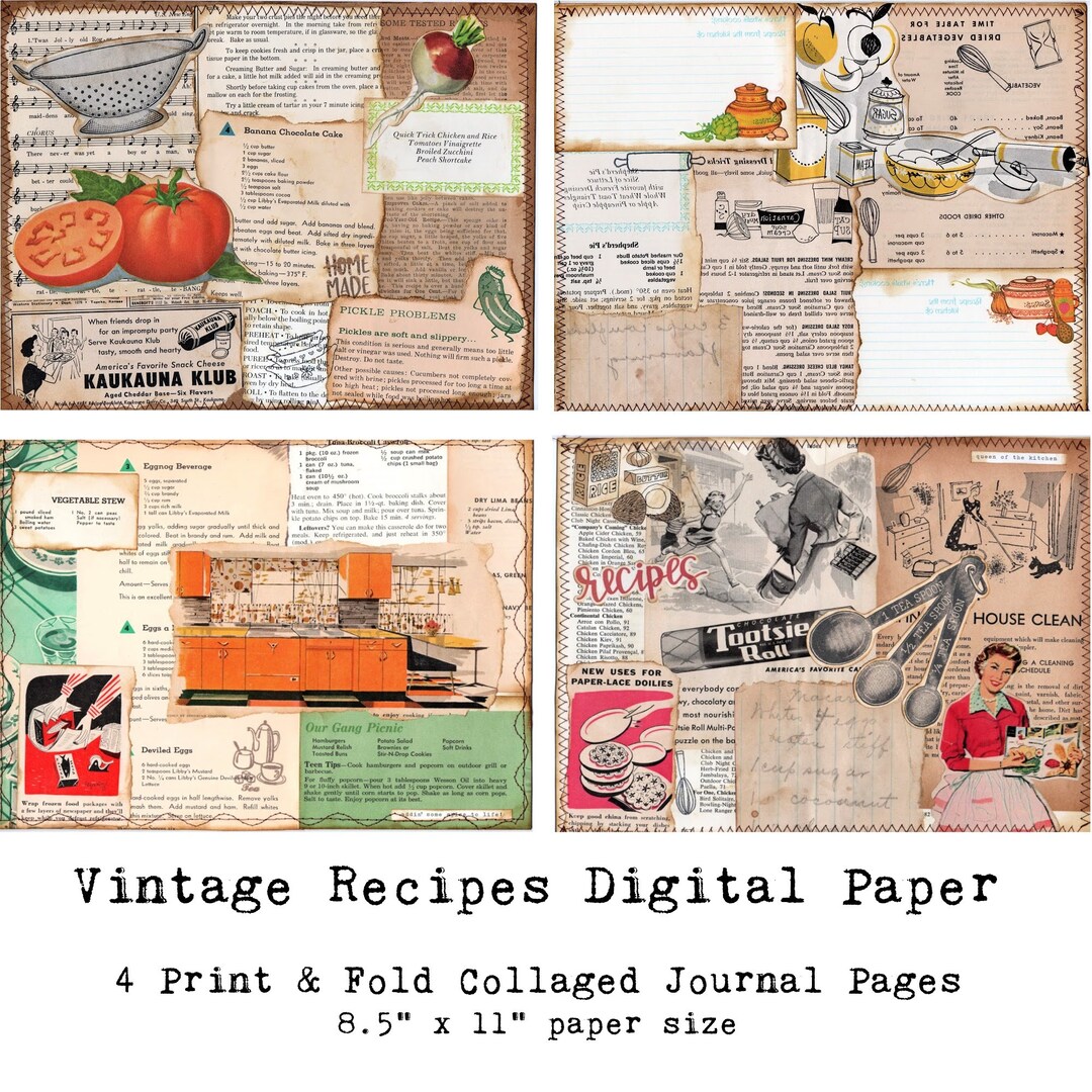 Vintage Recipe Collage Digital Paper, Retro Recipe Digitals, You Print ...