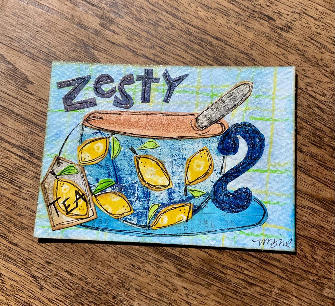 Zesty Lemon Tea Cup ACEO, Original Watercolor Collage Mini Art - Etsy
