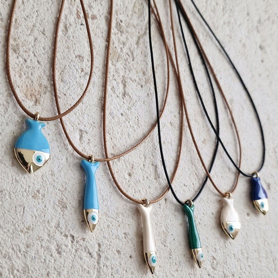 Fish Necklace, Greek Mati Fish Necklace, Sardines Spars Fish Pendant ...