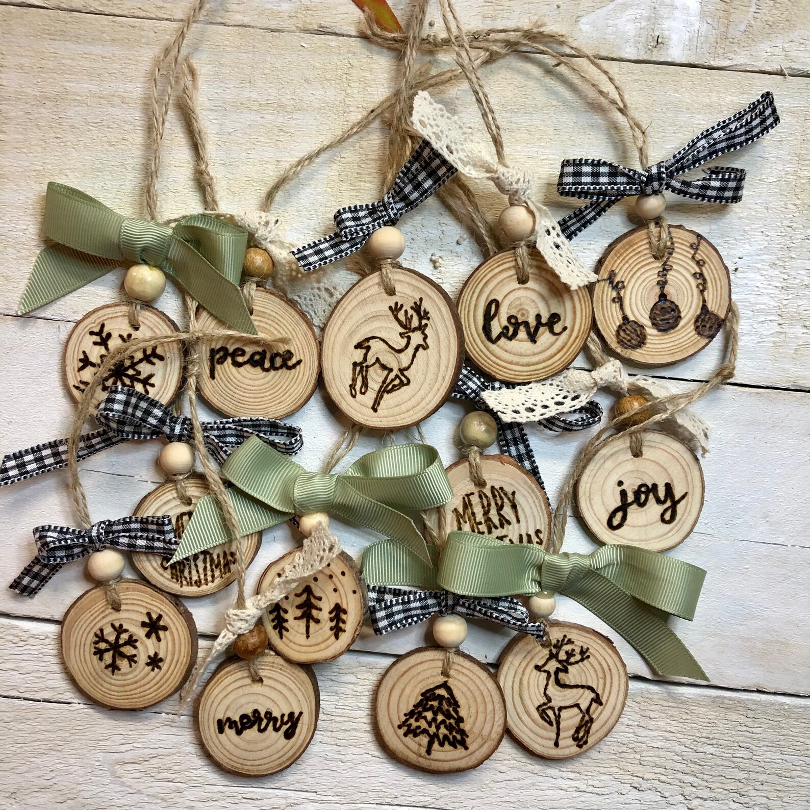 Hand Burned Christmas Ornaments Holidays Decor Wood Burning Pyrography ...