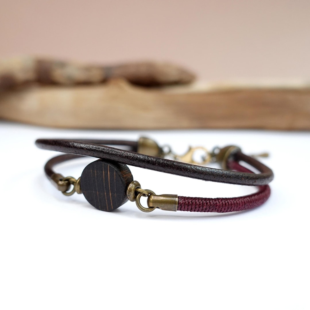 Handmade Leather Bracelet for Men With Wood Charm, Adjustable Boho ...