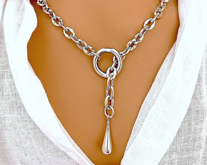 Large Silver Drop Chain Lariat Choker, Large Silver Drop Chain Lariat ...