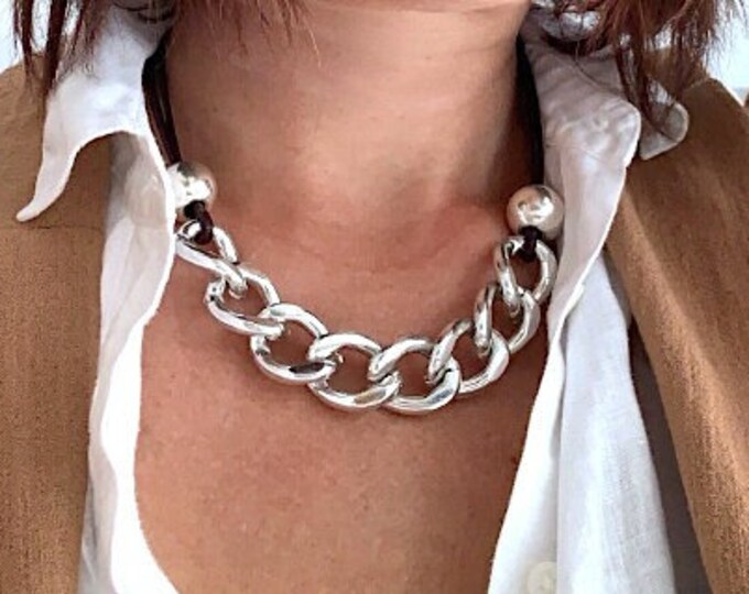 Large Chain Necklace, Leather Necklace, Women's Silver Chain Necklace ...