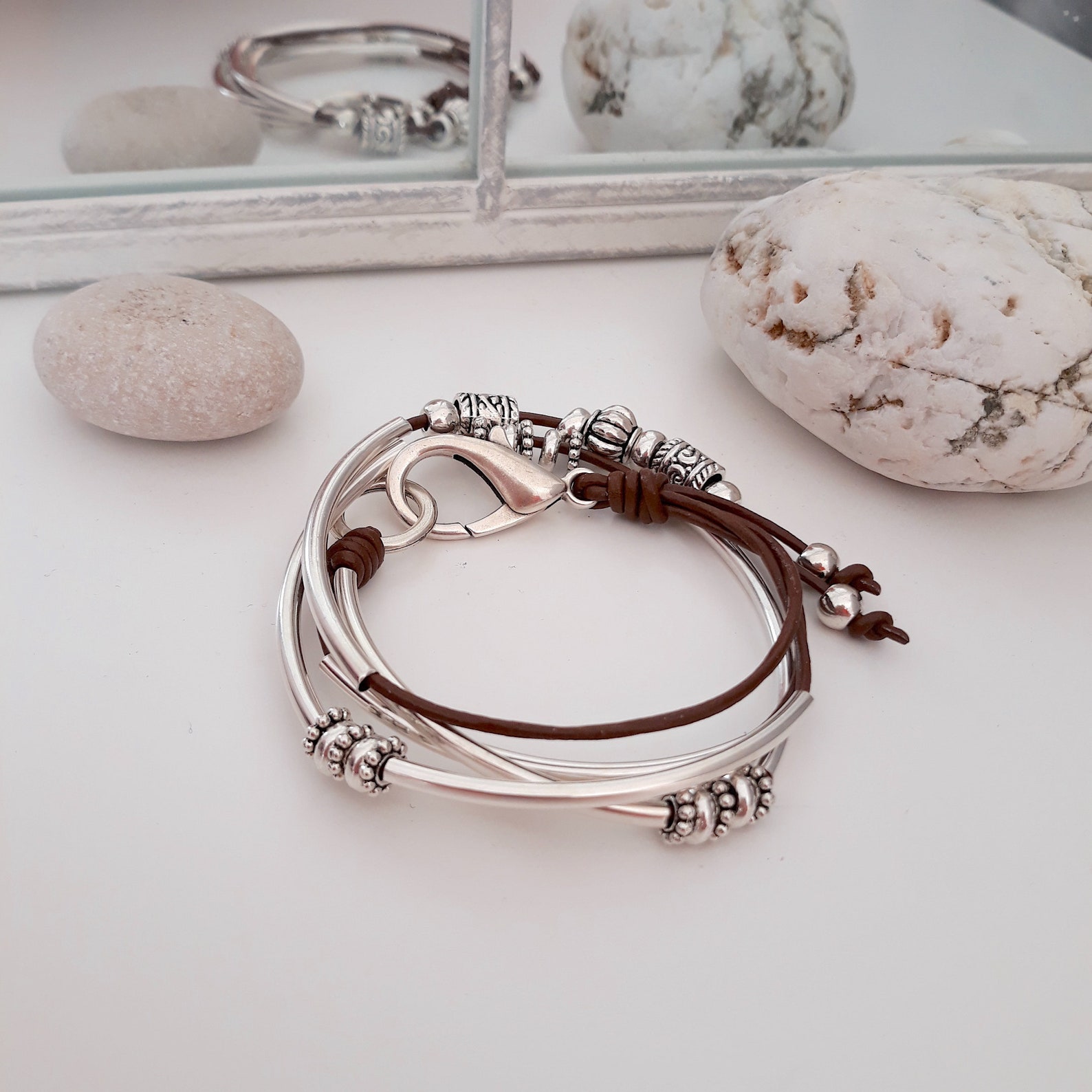 Silver Wrap Bracelet for Women, Wrap Bracelet, Double-strand Leather ...