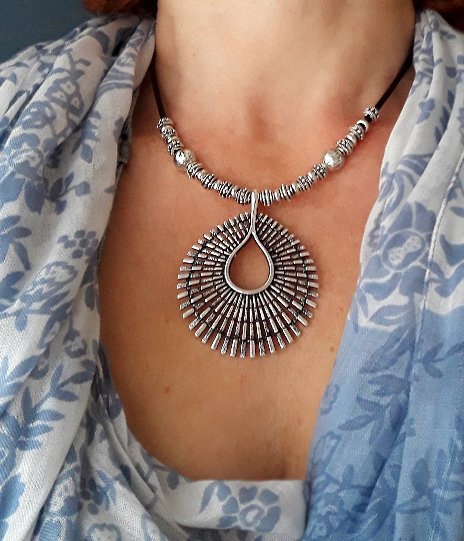 Boho Necklace Ethnic Style Women Jewelry Silver Bib Pendant - Etsy