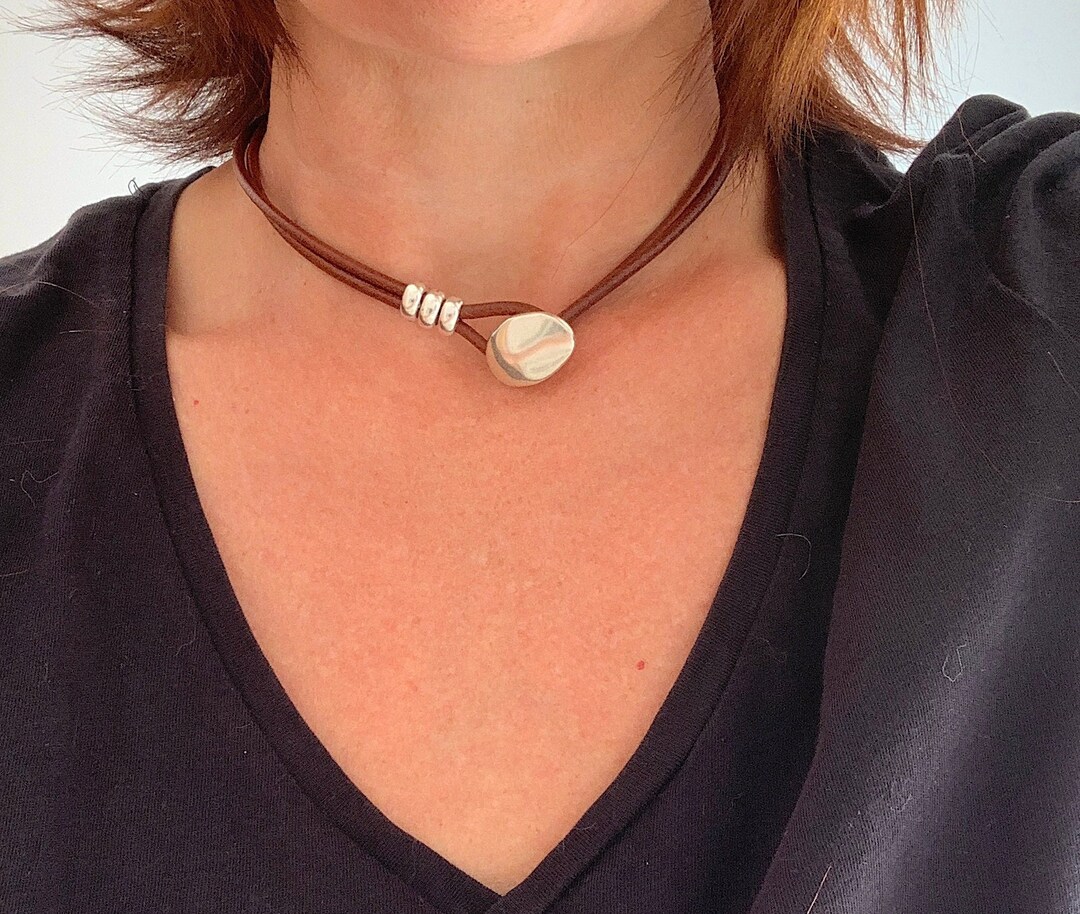 Silver Choker Necklace, Boho Leather Choker, Women Choker Necklace ...