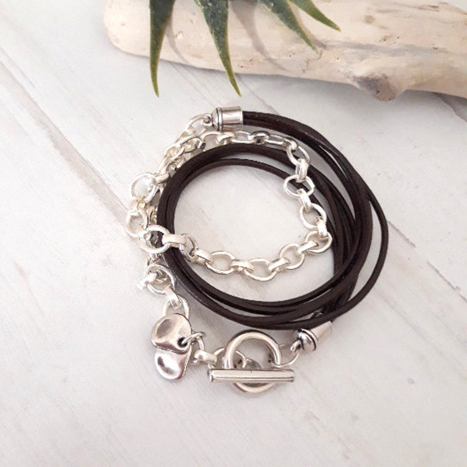 Leather and Chain Bracelet Wrap Leather Chain Cuff Boho - Etsy