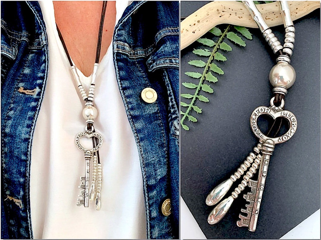 Tassel Key Necklace for Women, Silver Key Necklace, Large Skeleton Key ...