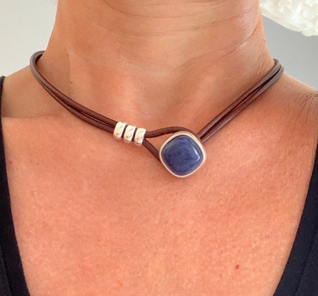 Silver Choker Necklace, Blue Leather Choker, Women Choker Necklace ...