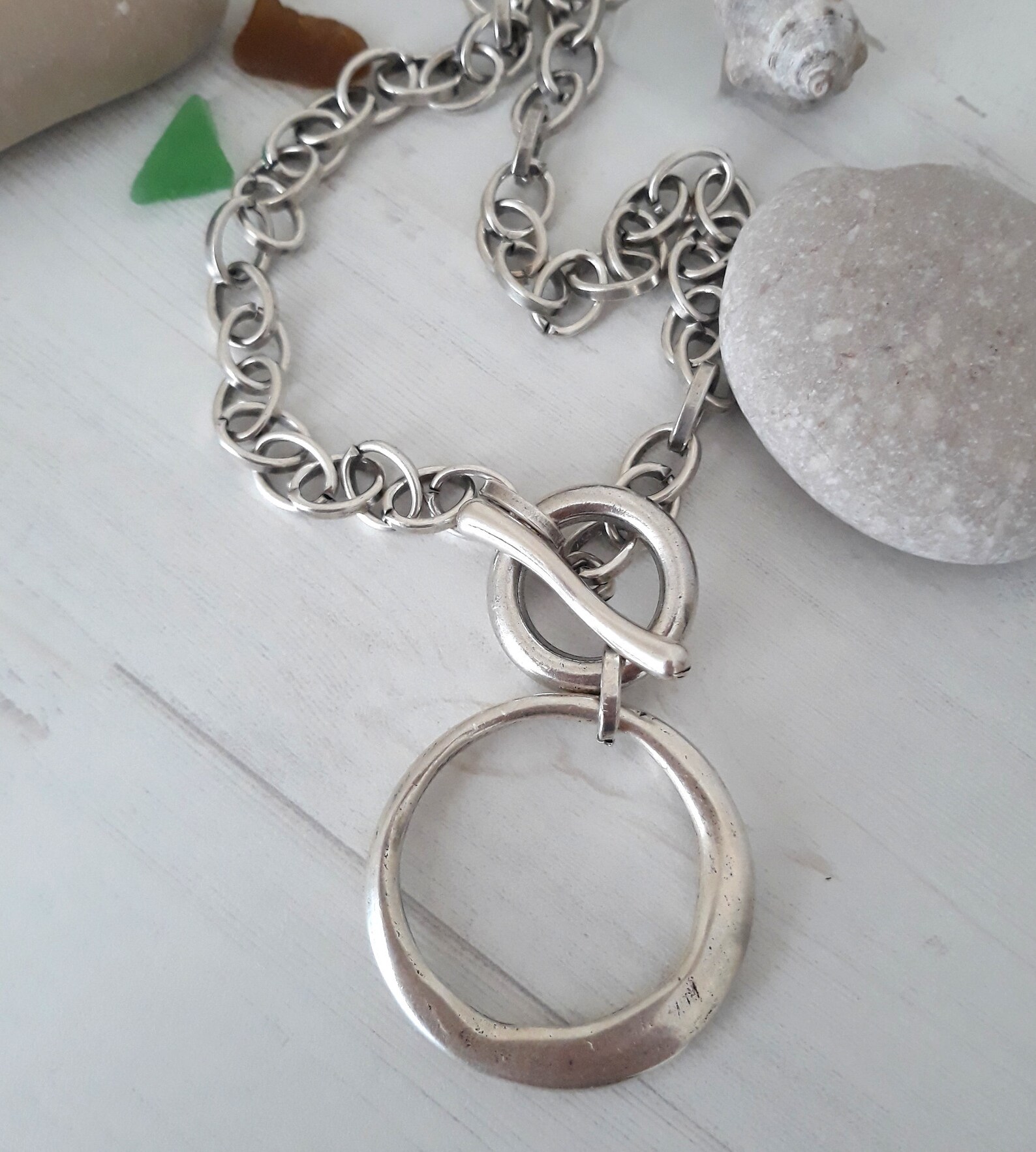 Silver Circle Pendant for Her, Silver Thick Oval Chain Necklace, Thick ...