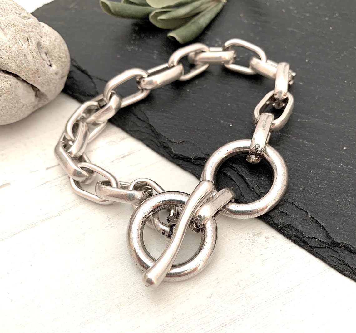 Large Link Chain Bracelet Silver Link Chain Bracelet Antique - Etsy